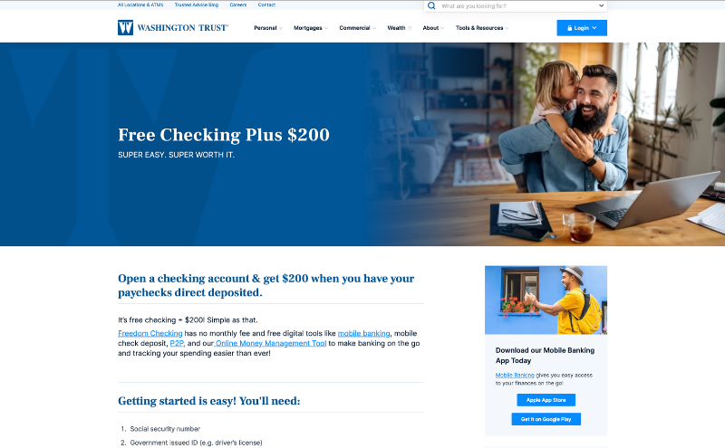 Washington Trust - $200 Checking Bonus - Profitable Content