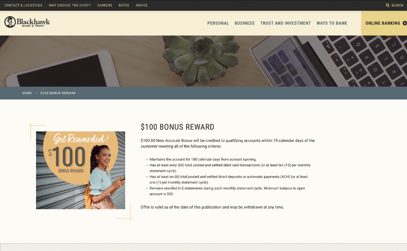 Blackhawk Bank & Trust - $100 Checking Bonus - Profitable Content Blackhawk Bank & Trust - $100 Checking Bonus - Profitable Content