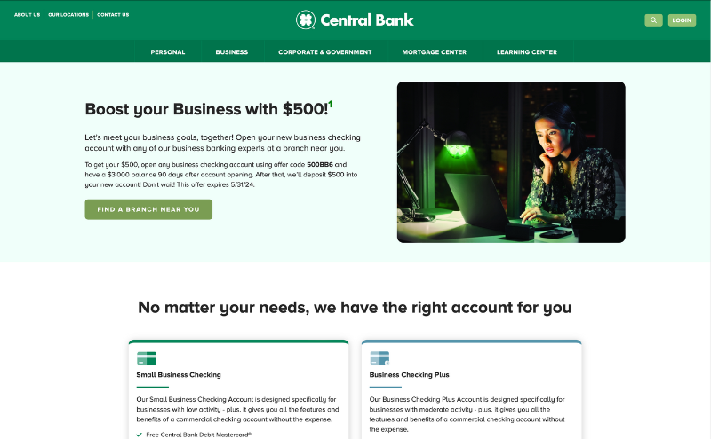 Central Bank - $500 Business Checking Bonus - Profitable Content