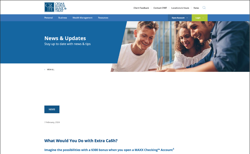 Cedar Rapids Bank & Trust - $300 Checking Bonus - Profitable Content