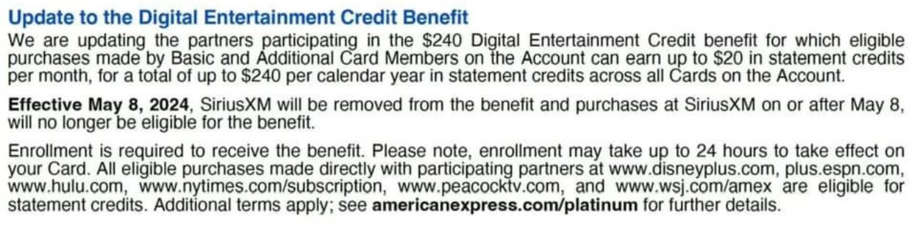 Platinum Card Removing Sirius XM From Digital Entertainment Credit ...