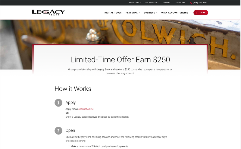 Legacy Bank - $250 Checking Bonus - Profitable Content
