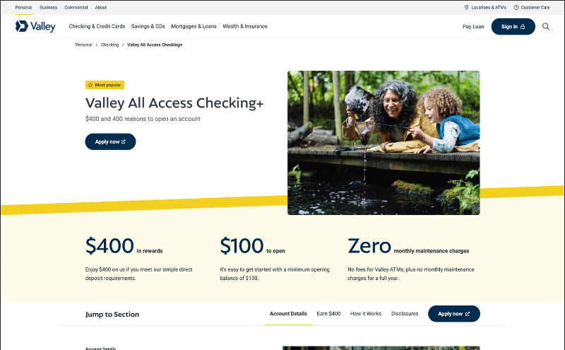 Valley National Bank - $400 Checking Bonus - Profitable Content