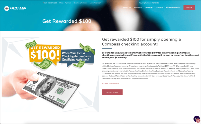 Compass Credit Union - $100 Checking Bonus - Profitable Content