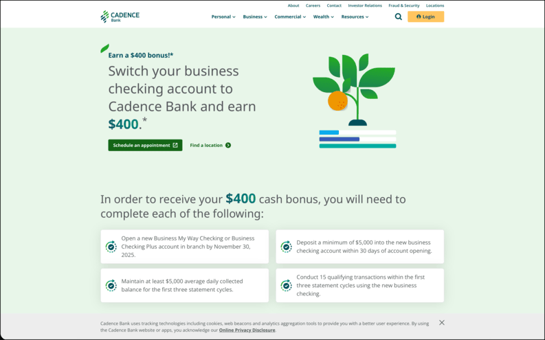 Cadence Bank - $400 Business Checking Bonus - Profitable Content